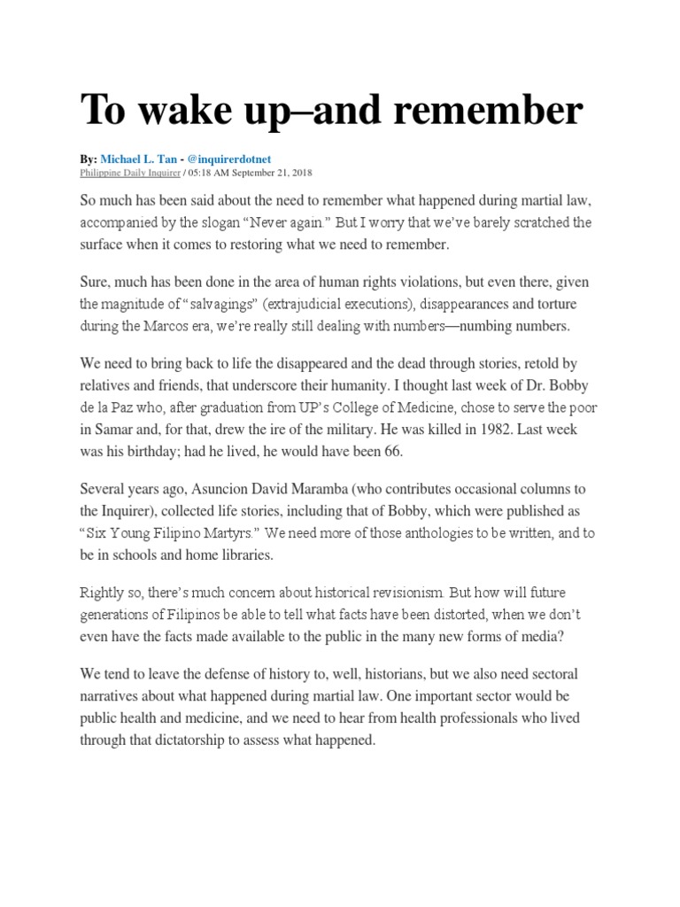 To Wake Up-And Remember: Michael L. Tan @inquirerdotnet | PDF ...