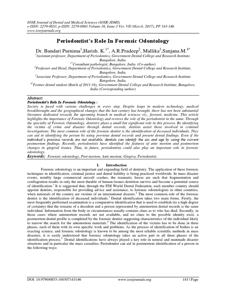 Periodontist's Role in Forensic Odontology: Dr. Bandari Purnima, Harish ...