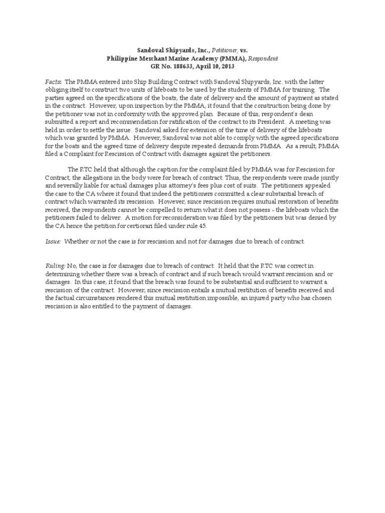 Sandoval Shipyards Vs Pmma | PDF | Breach Of Contract | Damages