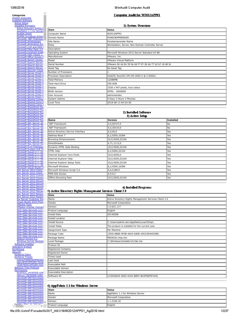 WinAudit Report for W2012APP01 | PDF | Installation (Computer Programs ...