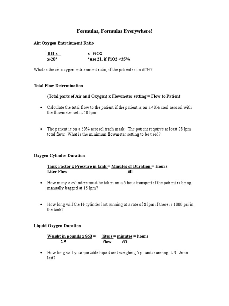 Formulas for Oxygen Delivery Calculations | PDF | Respiration | Gases