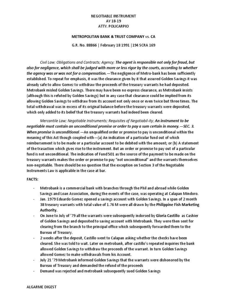 Metropolitan Bank and Trust Company vs. Court of Appeals | PDF ...