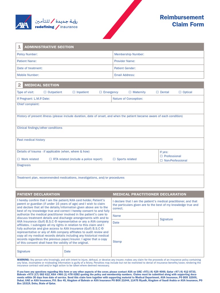 Reimbursment Form AXA Insurance 29082017 | PDF | Patient | Medical Record