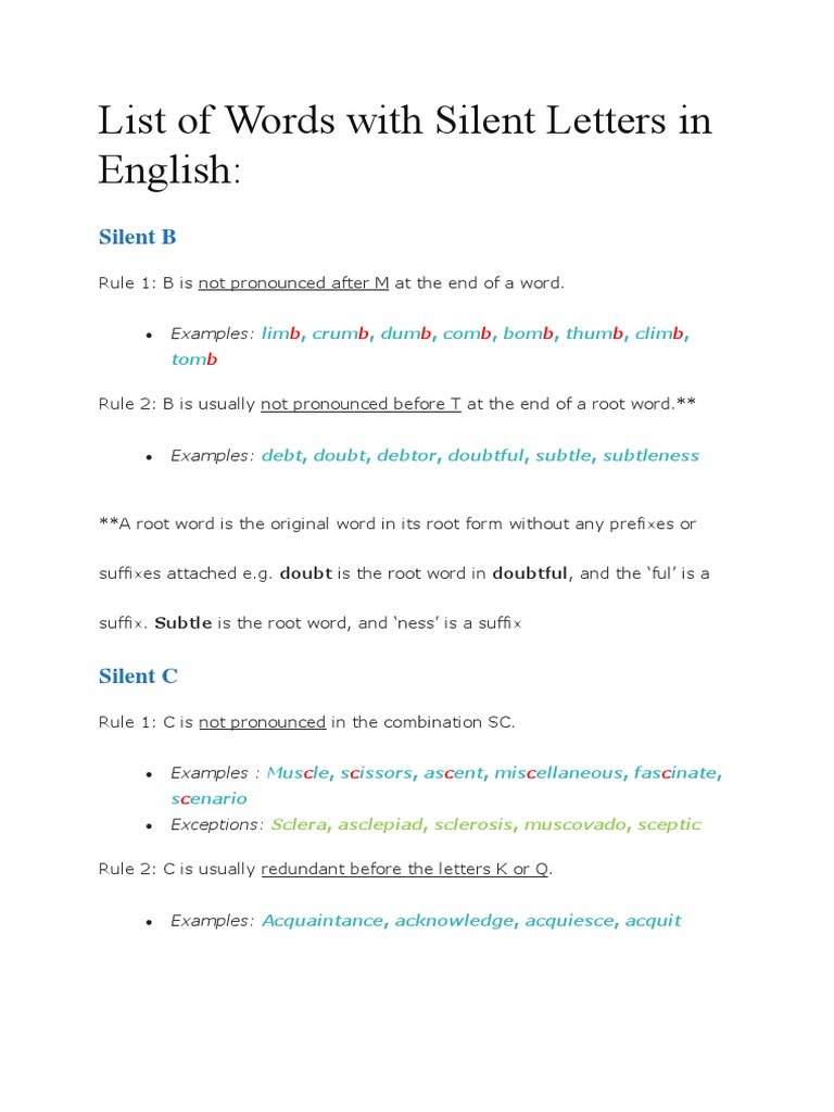 List of Words With Silent Letters in English | PDF | Oral Communication ...