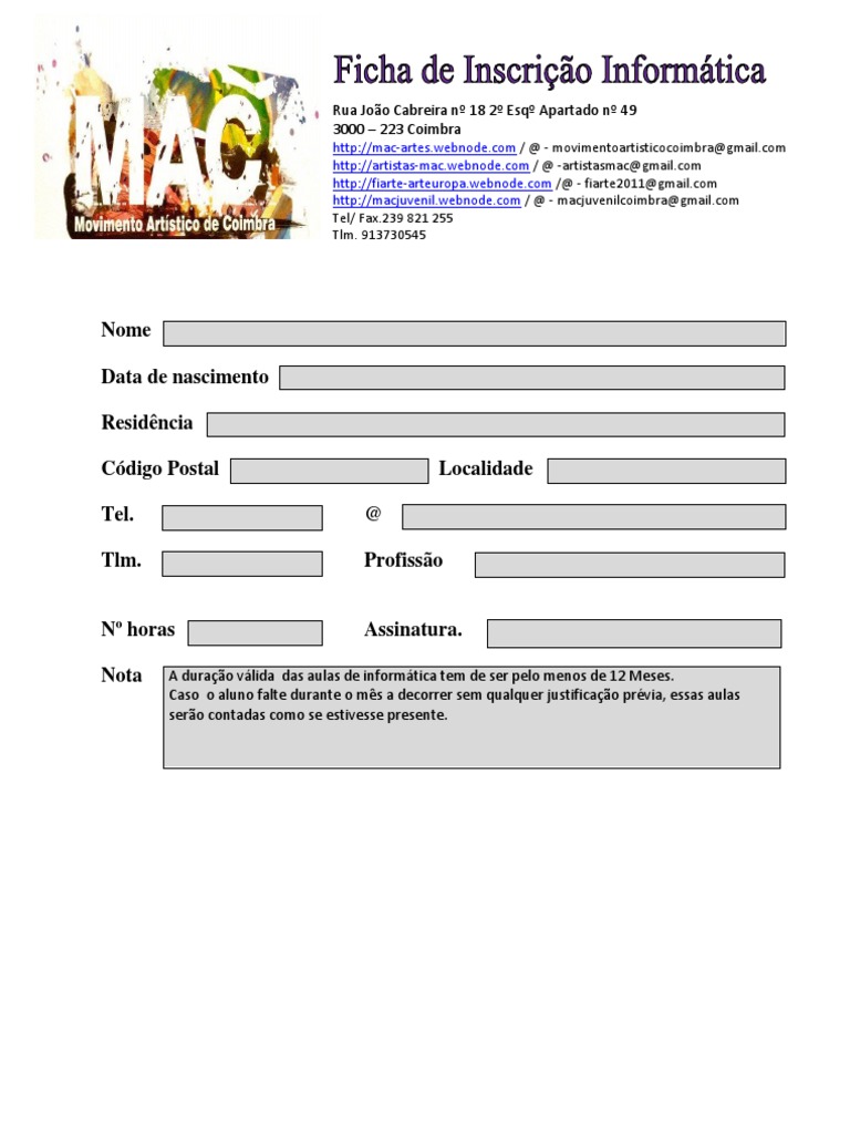 Ficha de Inscrição de Informática | PDF