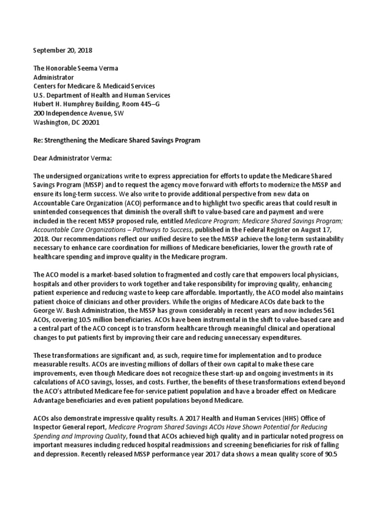 Letter of Support For ACOs and MSSP NPRM Sign On 09202018 | PDF ...