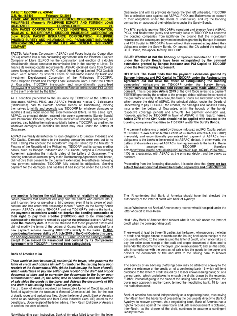 Case 1: Tidcorp vs. Aspac | PDF | Guarantee | Letter Of Credit