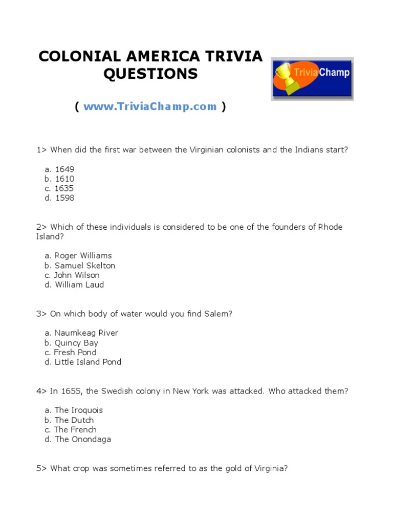 Colonial America Trivia Questions | PDF | British Colonization Of The ...