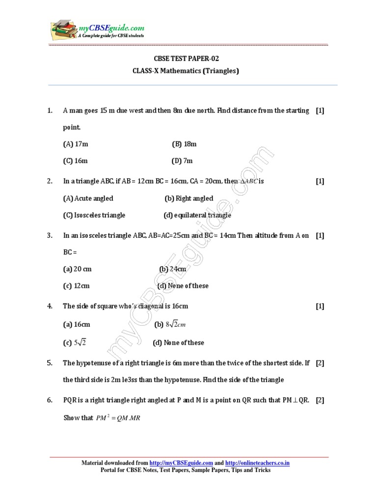 10 Mathematics Triangles Test 02 | PDF | Triangle | Euclid