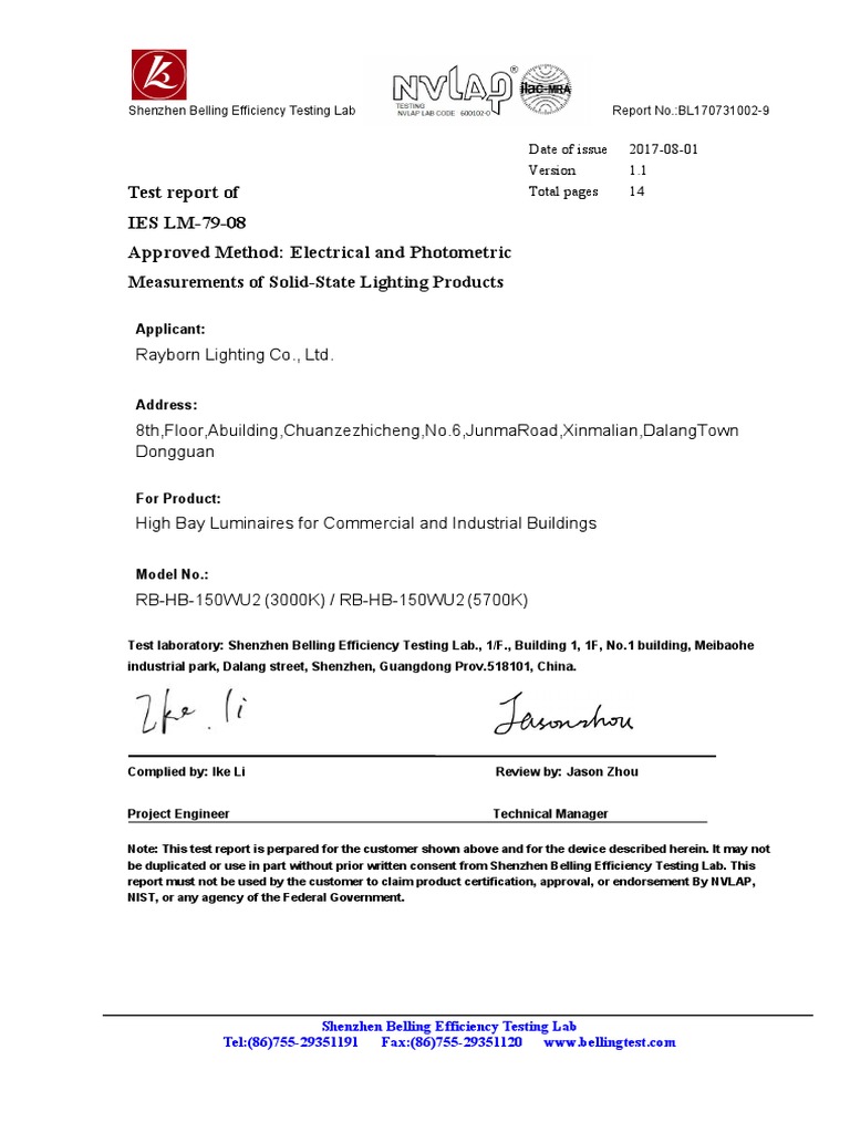 Luminaria LED UFO High Bay 150W - LM-79 Test Report Ref RB-HB-150WU2 ...