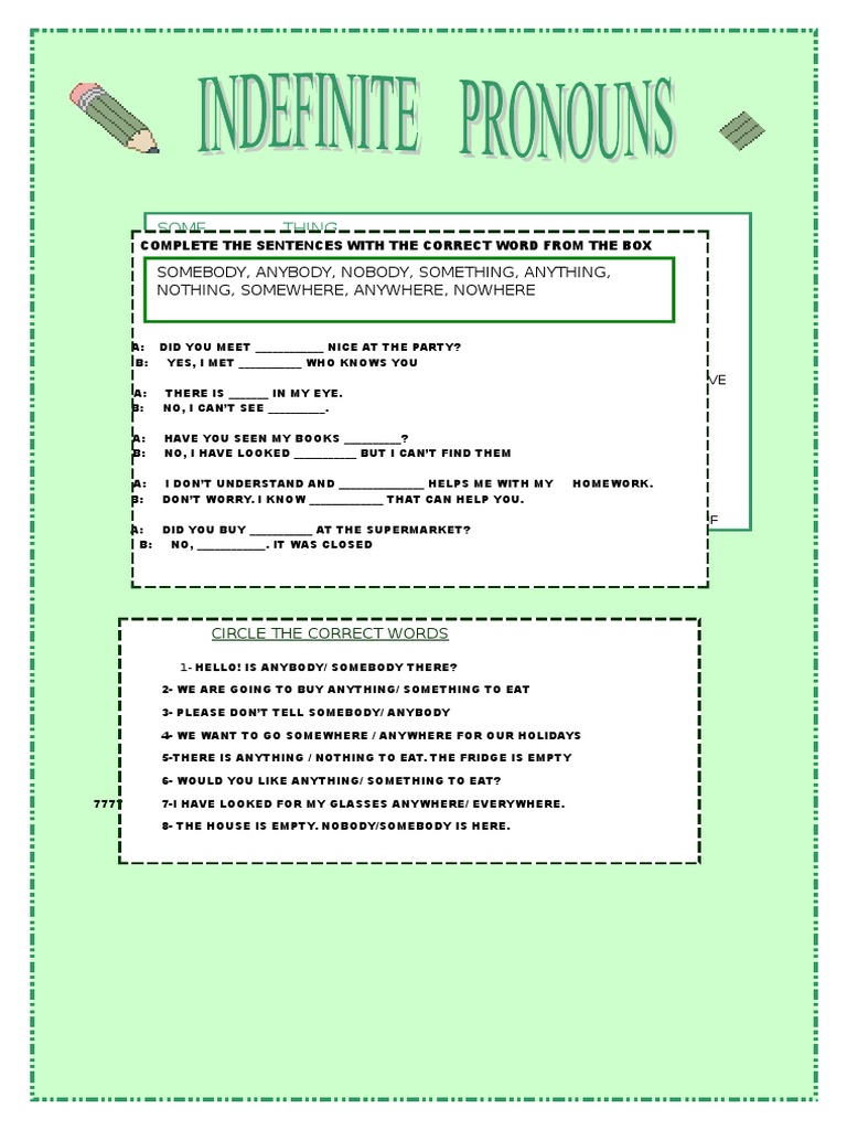 Indefinite Pronouns Fun Activities Games - 975 | PDF | Language Arts ...