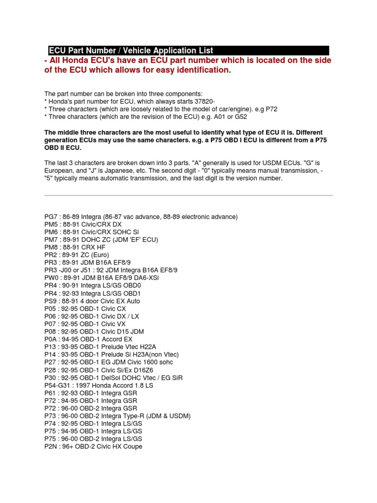 ECU Part Number Vehicle Application List | PDF | Wheeled Vehicles ...