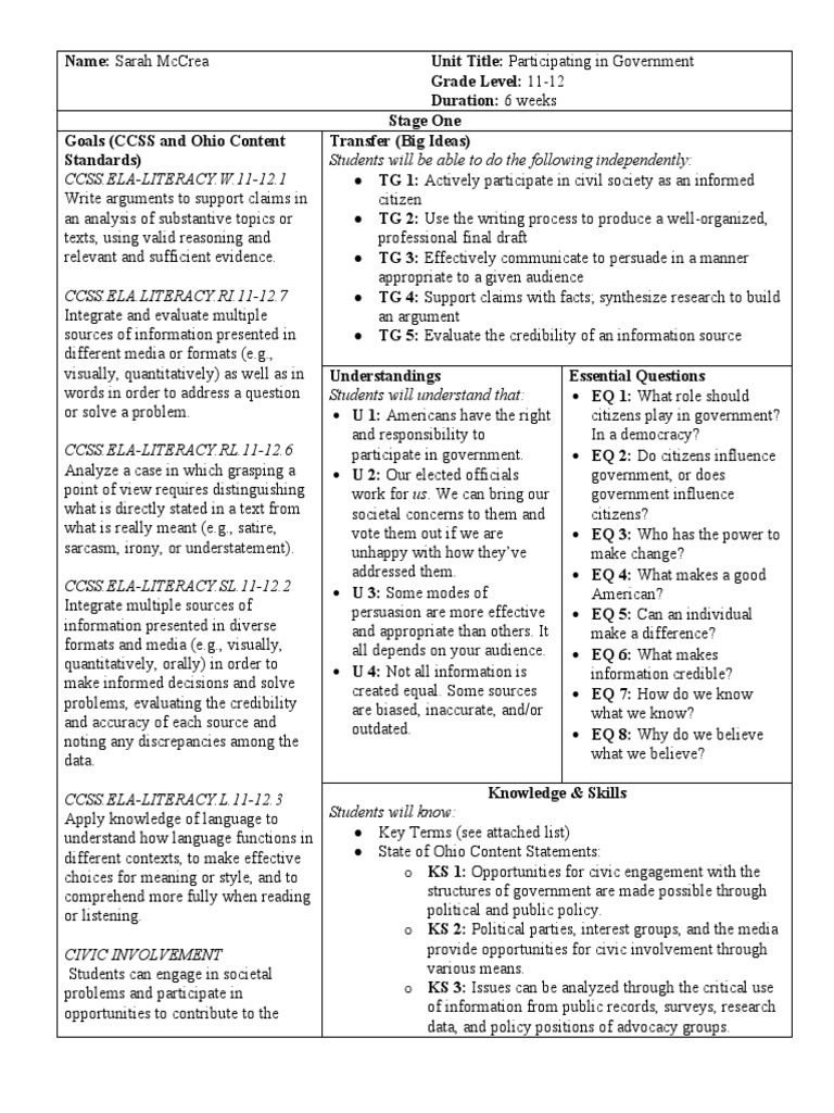 Civic Participation Unit Plan | PDF | Persuasion | Evaluation