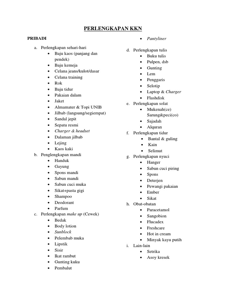 Perlengkapan KKN | PDF