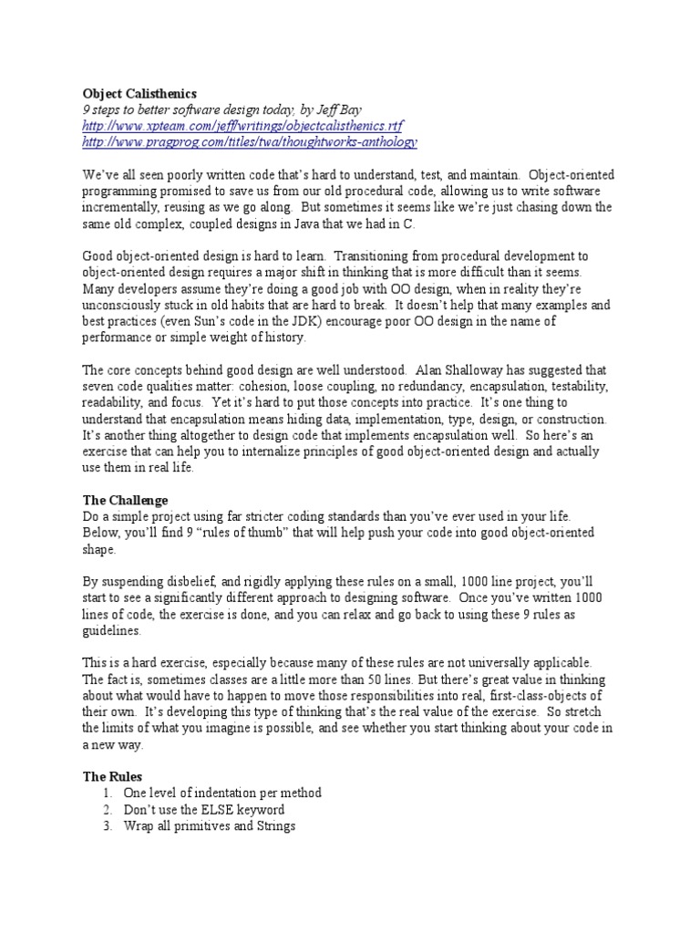 9 Steps To Better Software Design Today, by Jeff Bay: Object Calisthenics | PDF | Object ...