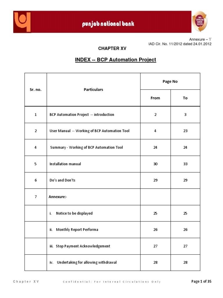 INDEX - BCP Automation Project: Annexure - I IAD Cir. No. 11/2012 Dated ...