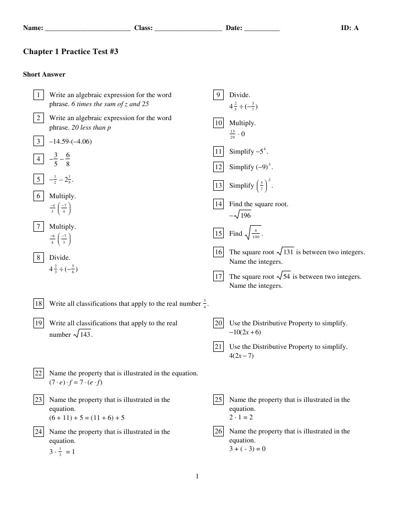 Chapter 1 Practice Test #3: Name: - Class: - Date: - Id: A | PDF ...