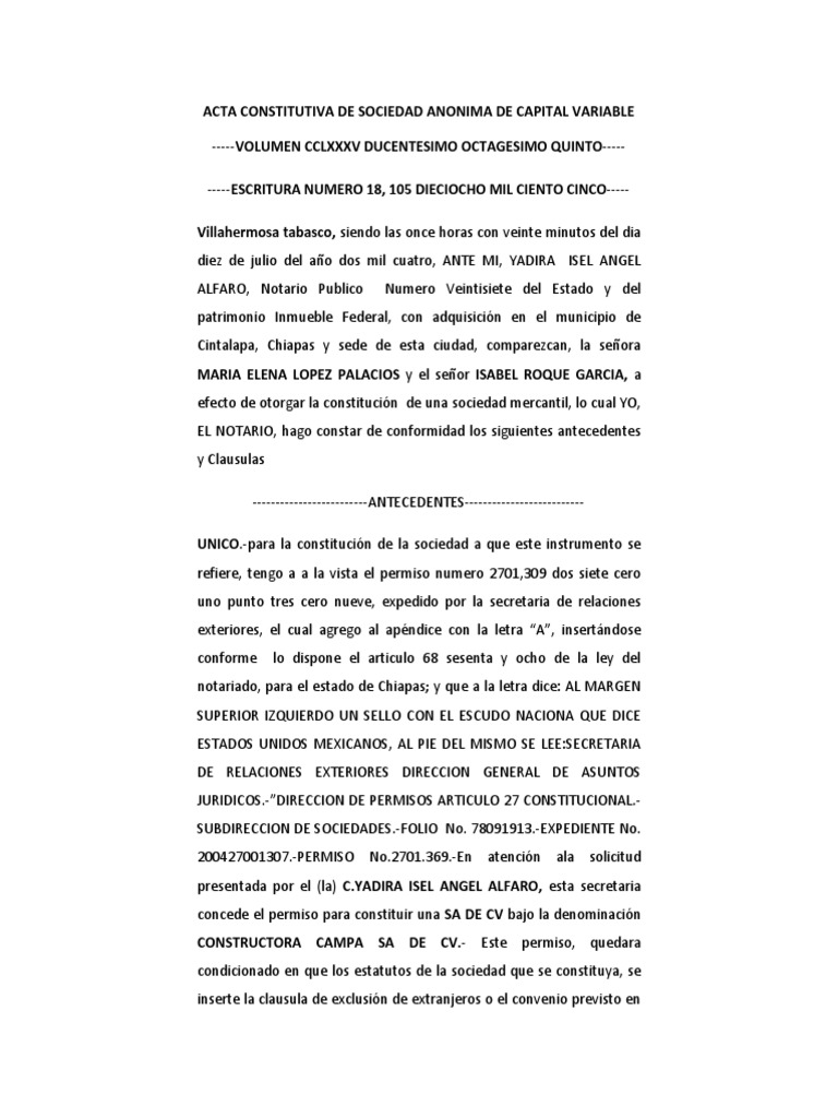 Acta Constitutiva de Sociedad Anonima de Capital Variable Lic Lili | PDF | Sociedad de ...