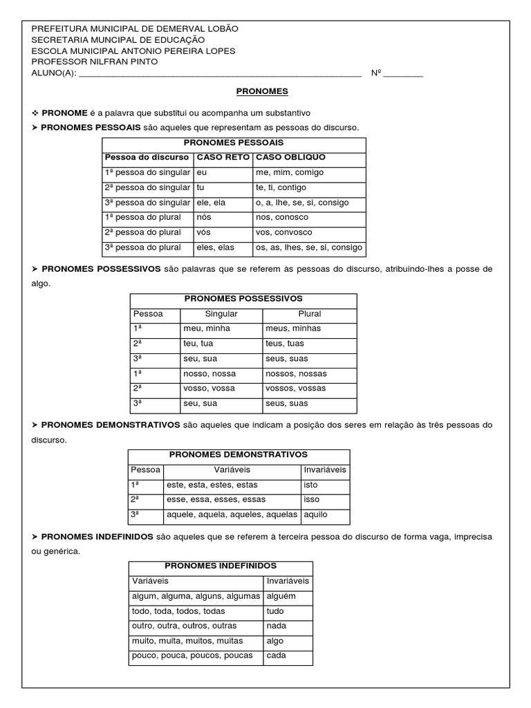 Apostila de Pronomes Pessoais | PDF | Pronome | Unidades semânticas