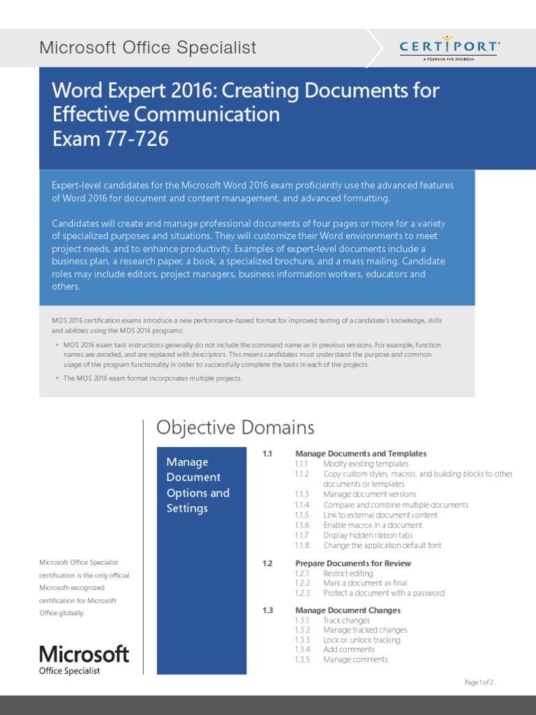 MOS - Word Expert 2016 Exam Objectives | PDF | Microsoft Word | Test ...