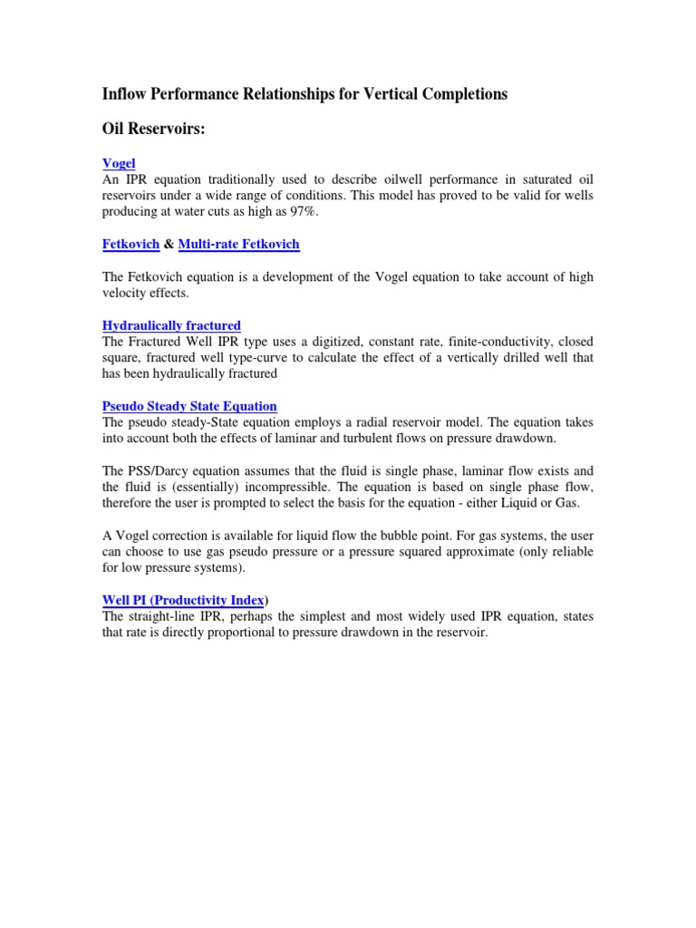 Inflow Performance Relationships For Vertical Completions Oil ...