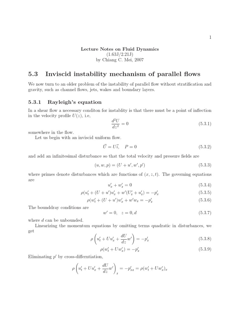 5.3 Inviscid Instability Mechanism of Parallel Flows: 5.3.1 Rayleigh's Equation | PDF | Vortices ...
