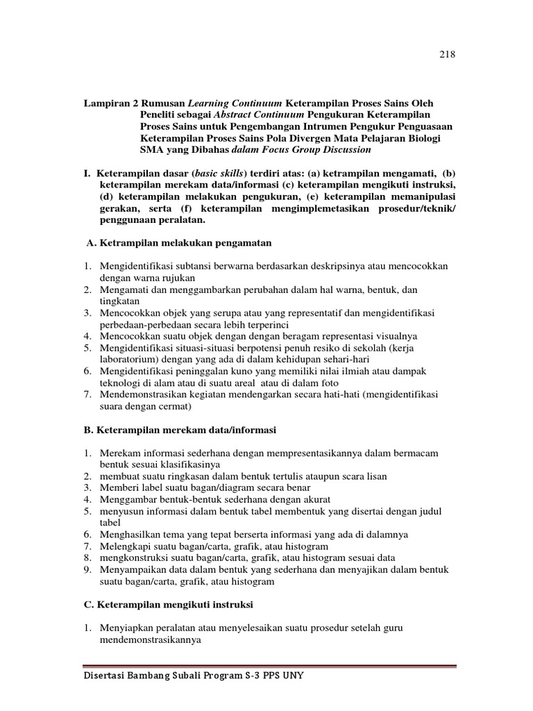 LEARNING CONTINUUM FOR SCIENCE PROCESS SKILLS | PDF