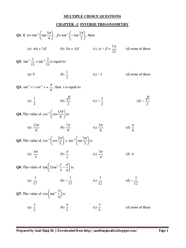 Inverse Trigonometry MCQs with Answers | PDF | Lie Groups | Trigonometry