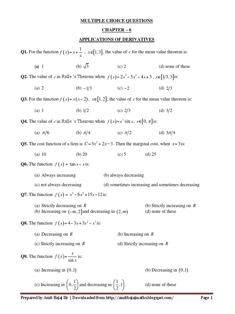 CH 6 Applications of Derivatives Multiple Choice Questions (With ...