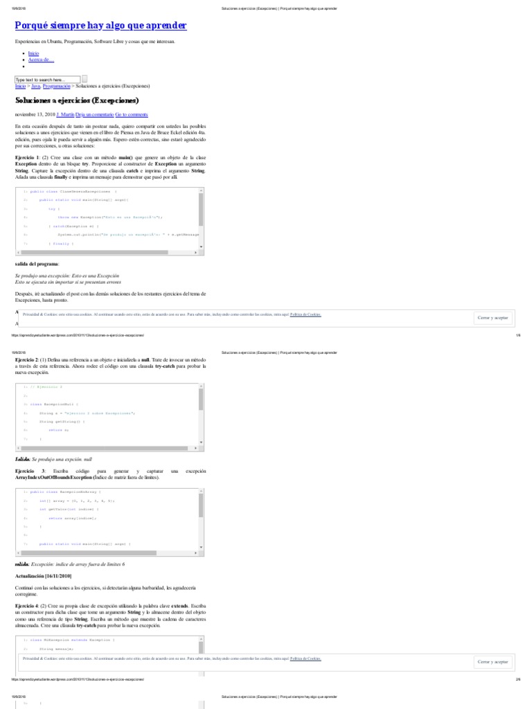 Soluciones a Ejercicios de Excepciones | PDF | Cookie HTTP | Java (lenguaje de programación)