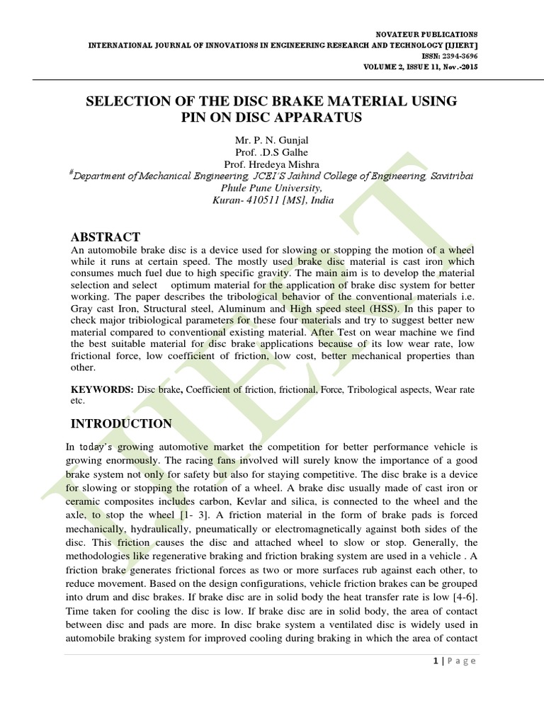 Selection of The Disc Brake Material Using Pin On Disc Apparatus | PDF ...