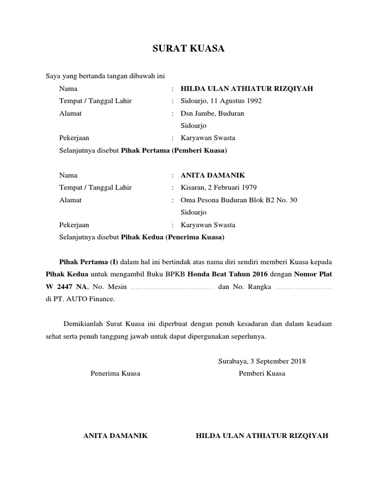 Surat Kuasa Pengambilan BPKB | PDF