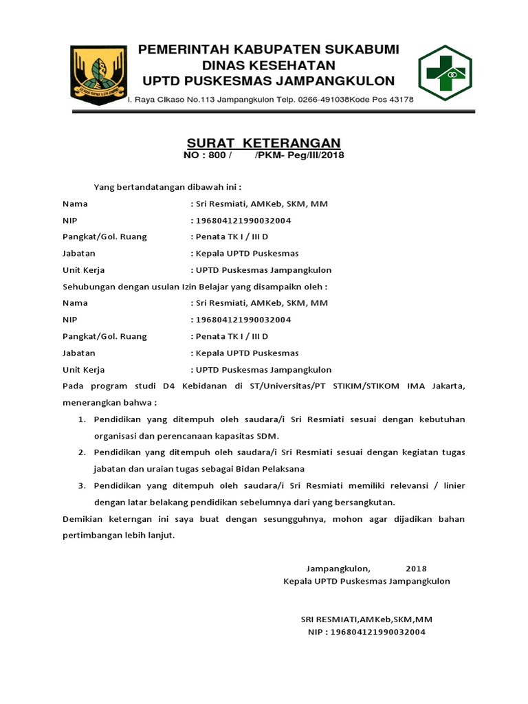 Surat Keterangan Izin Belajar Kebidanan | PDF