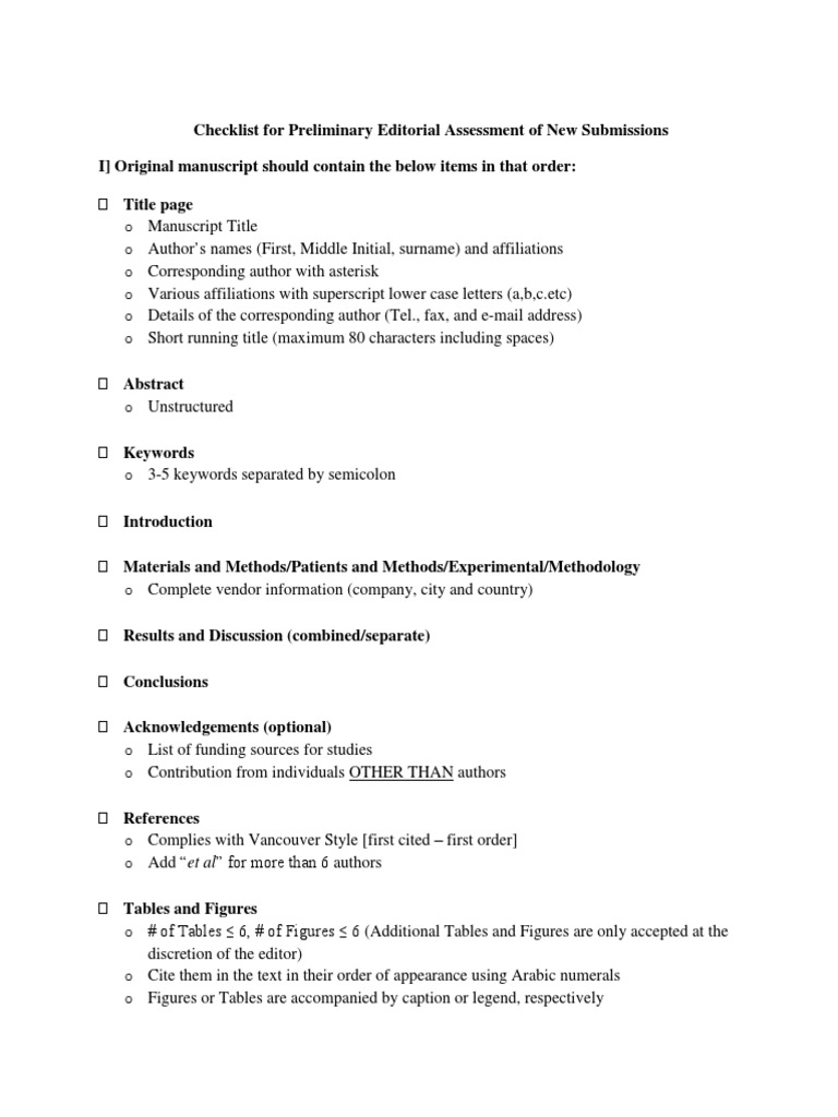 Checklist For Preliminary Editorial Assessment of New Submissions I ...