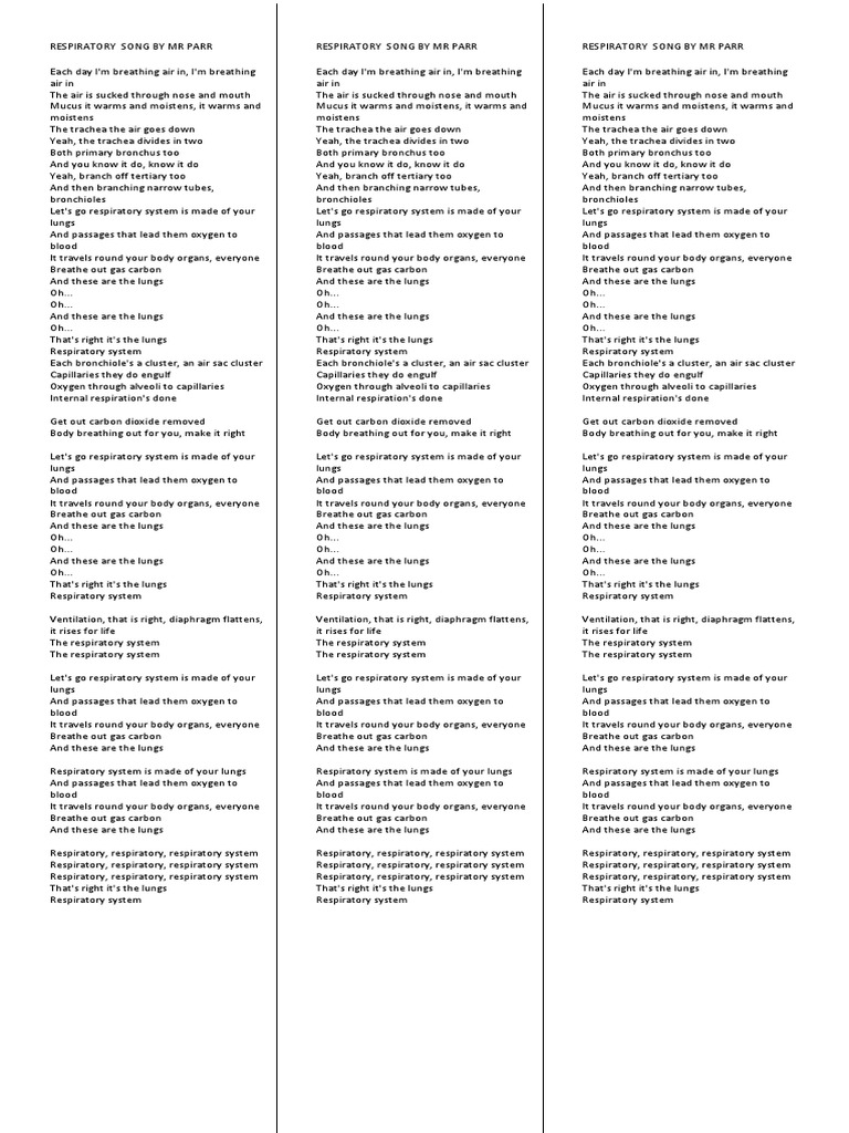 Mr. Parr's Respiratory System Song | PDF | Breathing | Respiratory System