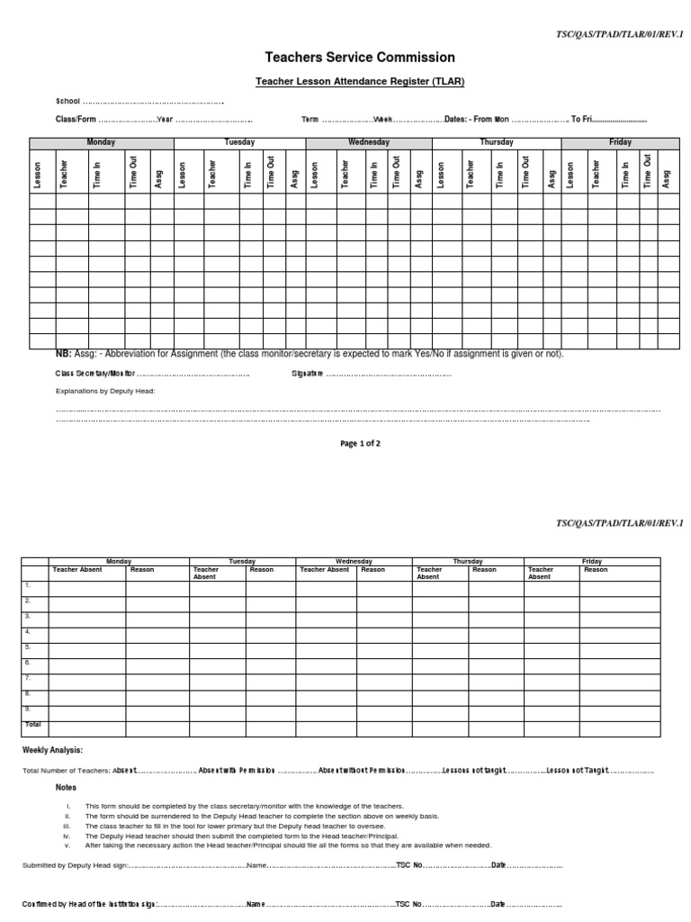 TPAD Teacher Lesson Attendance Register (TLAR) 2018 | Government | Politics