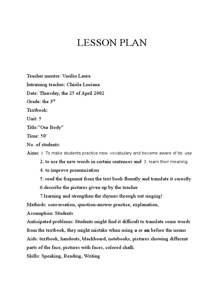 LESSON PLAN 3rd Grade Our Body | PDF | Textbook | Teachers
