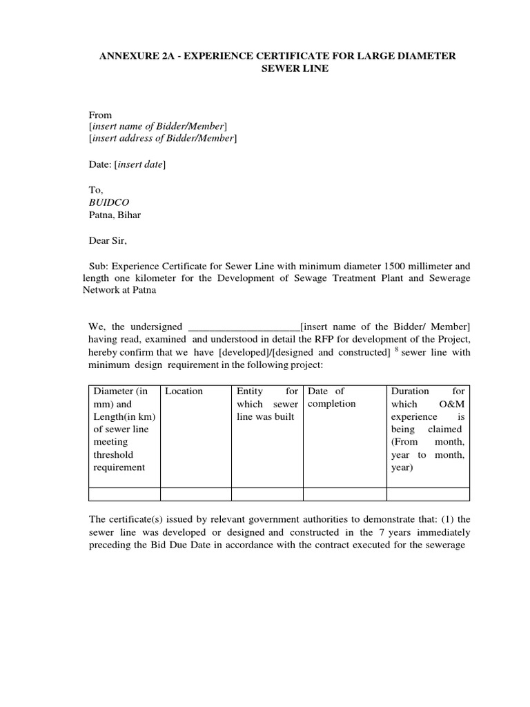 13-Annexure 2a - Experience Certificate For Large Diameter Sewer Line | PDF