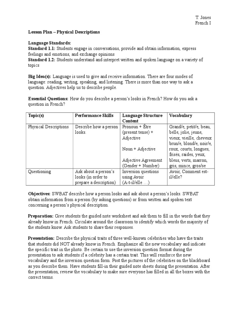 French Physical Descriptions Lesson Plan | PDF | Grammatical Gender ...