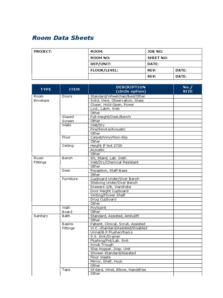 Room Data Sheets: Type Item Description (Circle Option) No./ Size | PDF