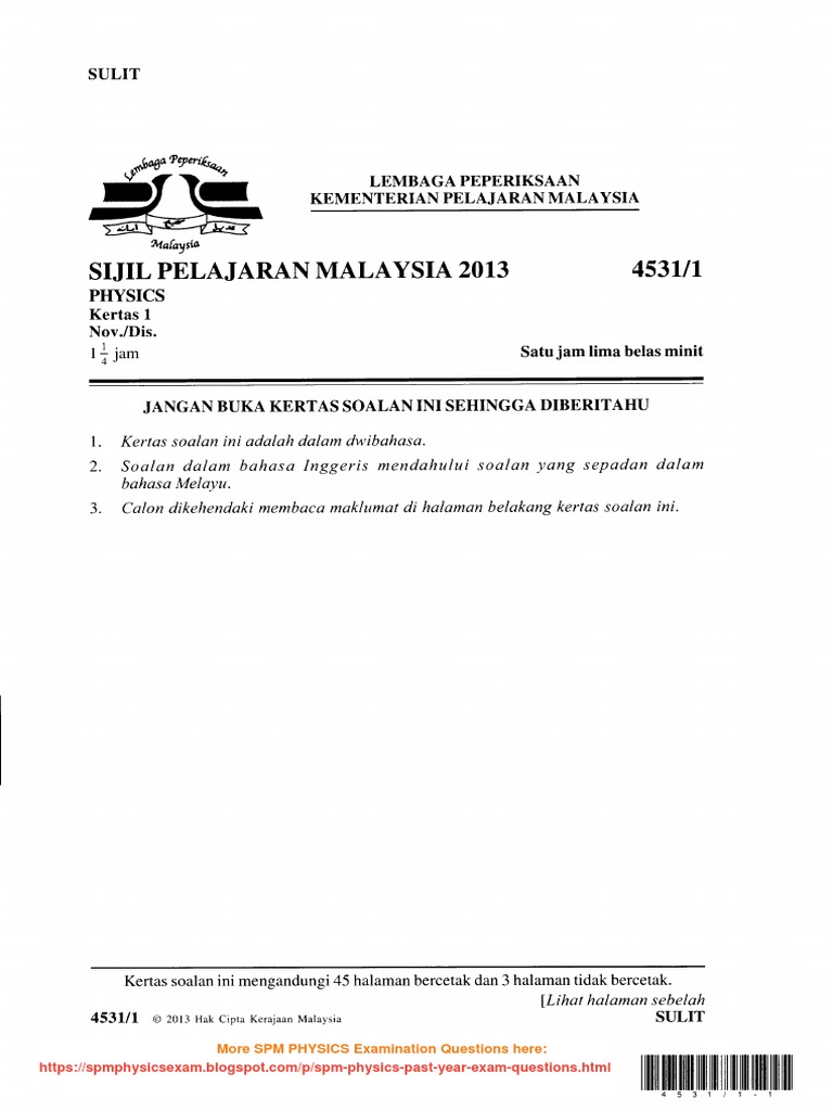 SPM Physics 2013 Paper 1 Exam Question - SPM Soalan Fizik Kertas 1 | PDF