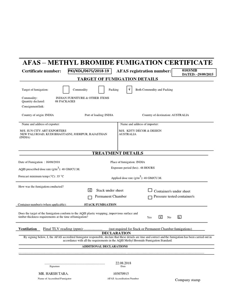 Afas - Methyl Bromide Fumigation Certificate | PDF | Nature