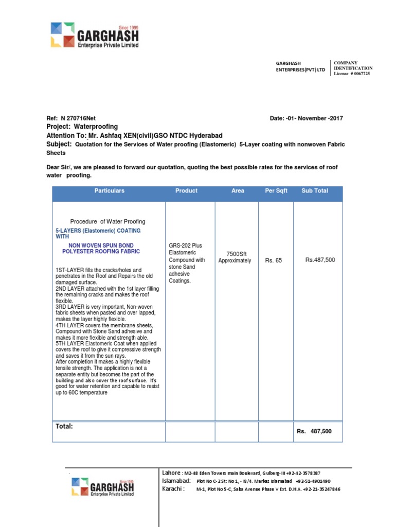 Quotation 5-Layer Waterproofing MR - Ashfaq (Hyd) PDF | PDF | Nonwoven ...