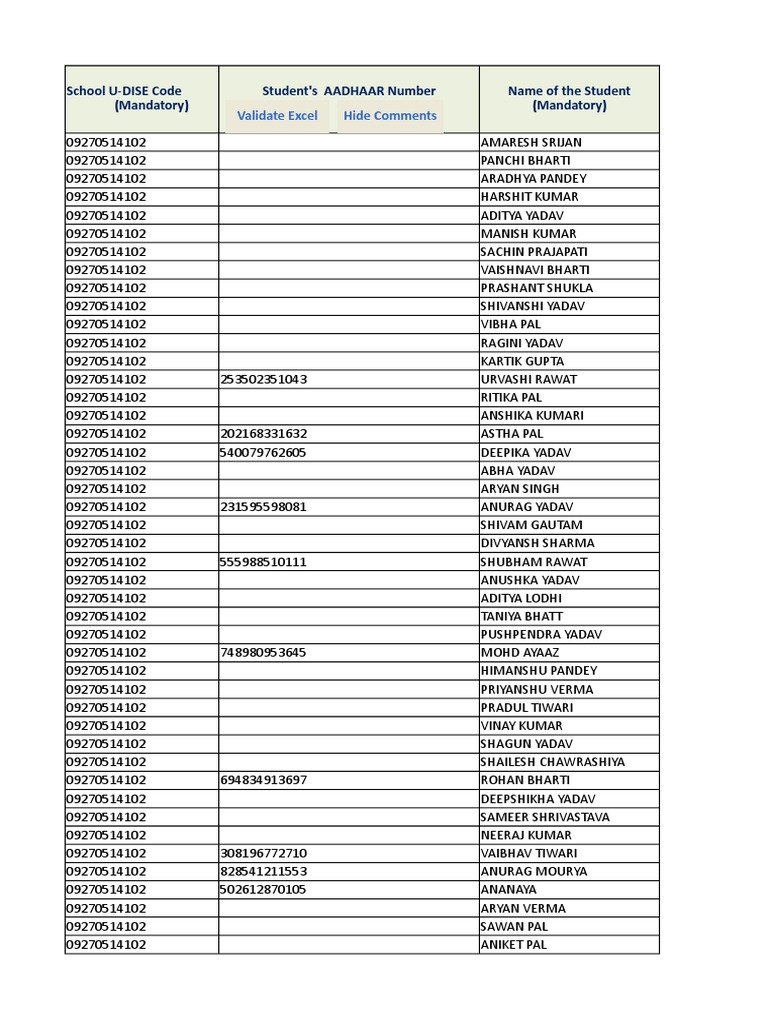 School U-DISE Code (Mandatory) Student's AADHAAR Number Name of The ...
