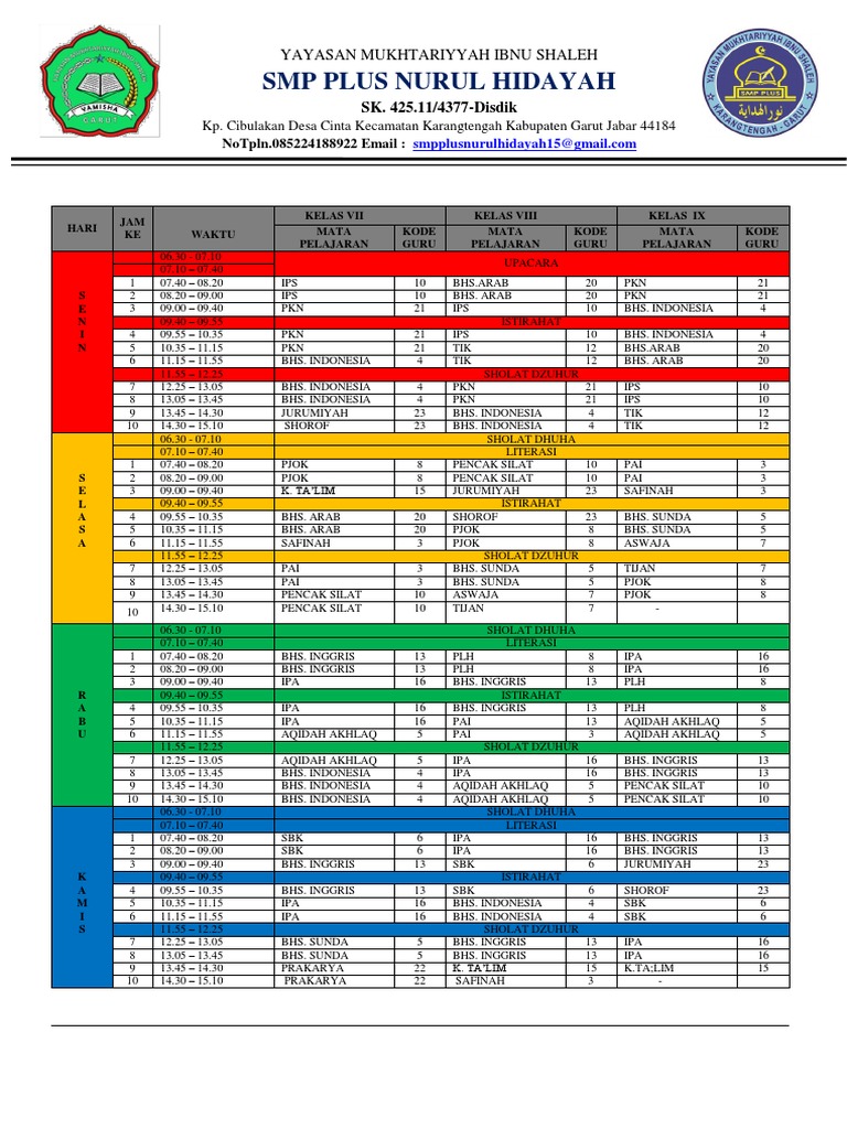 Jadwal Pelajaran SMP Plus Nurul Hidayah | PDF