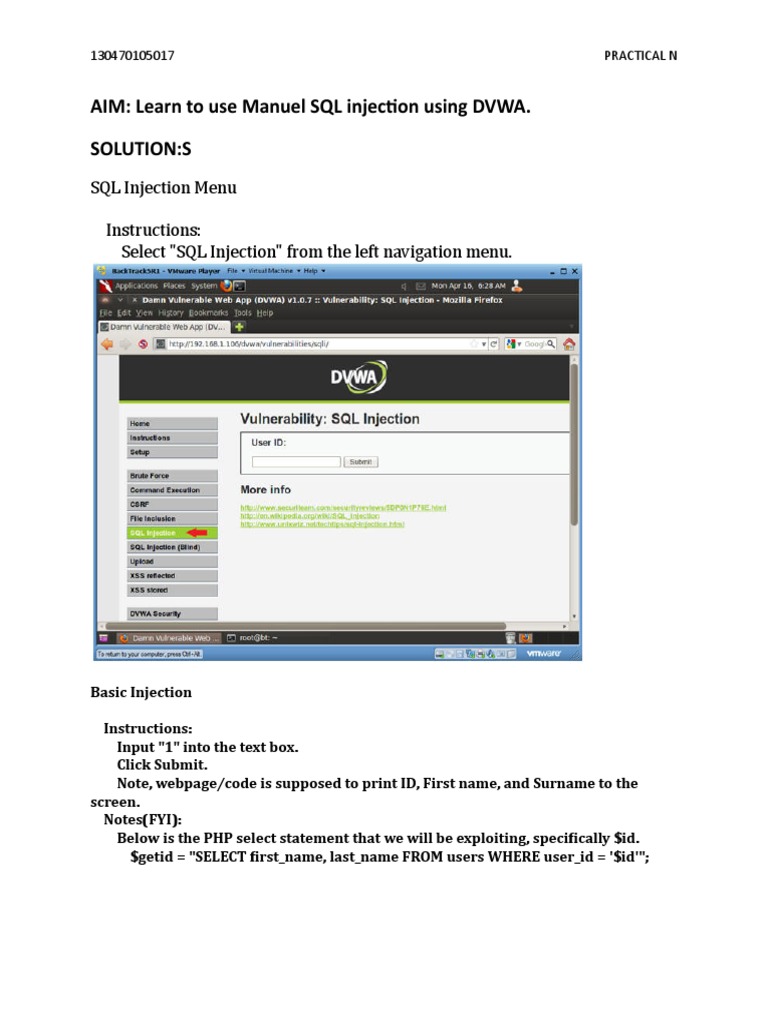 AIM: Learn To Use Manuel SQL Injection Using DVWA. Solution:S | PDF