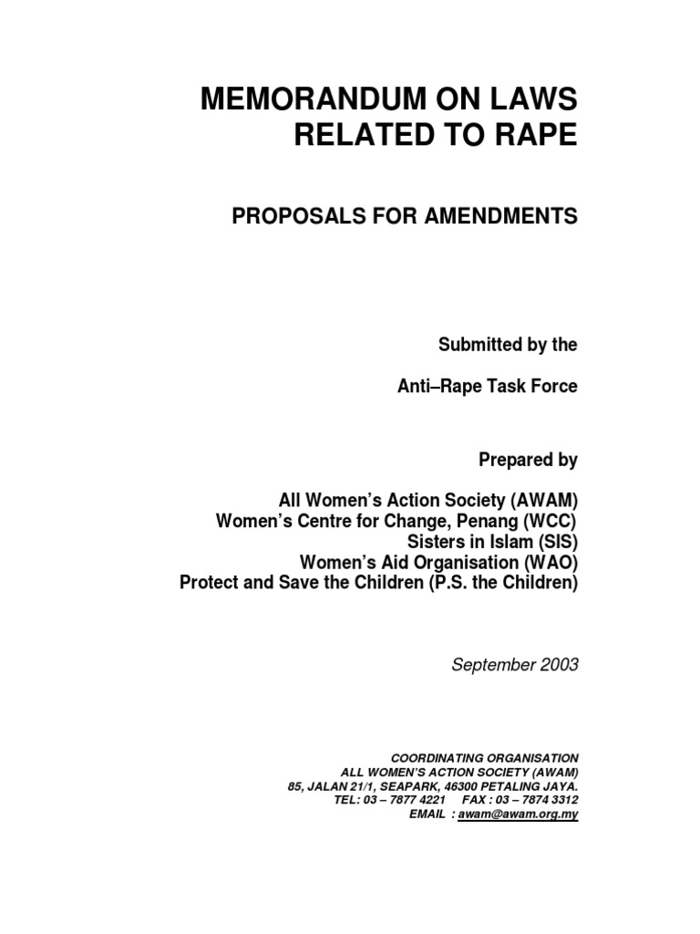 Anti Rape Task Force Memorandum On Laws Related To Rape Dated September ...