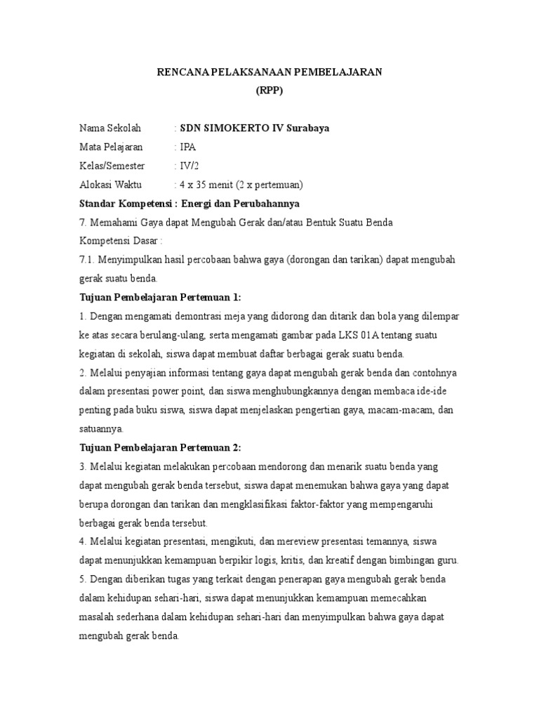 Contoh RPP Ipa SD Kelas IV | PDF