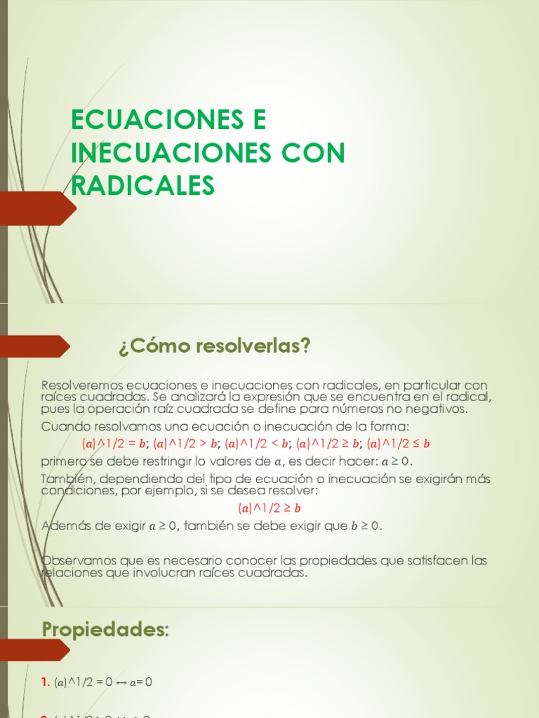 Ecuaciones e Inecuaciones Con Radicales | PDF | Raíz cuadrada | Desigualdad (Matemáticas)