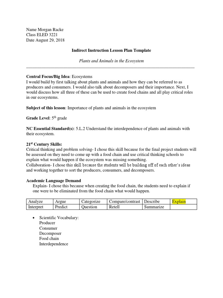 Indirect Lesson Plan | PDF | Ecosystem | Psychological Concepts
